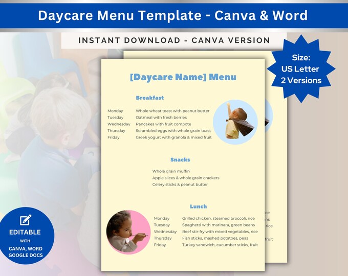 Editable Template 4-week Cyclical Menu for Children's Daycare Services ...