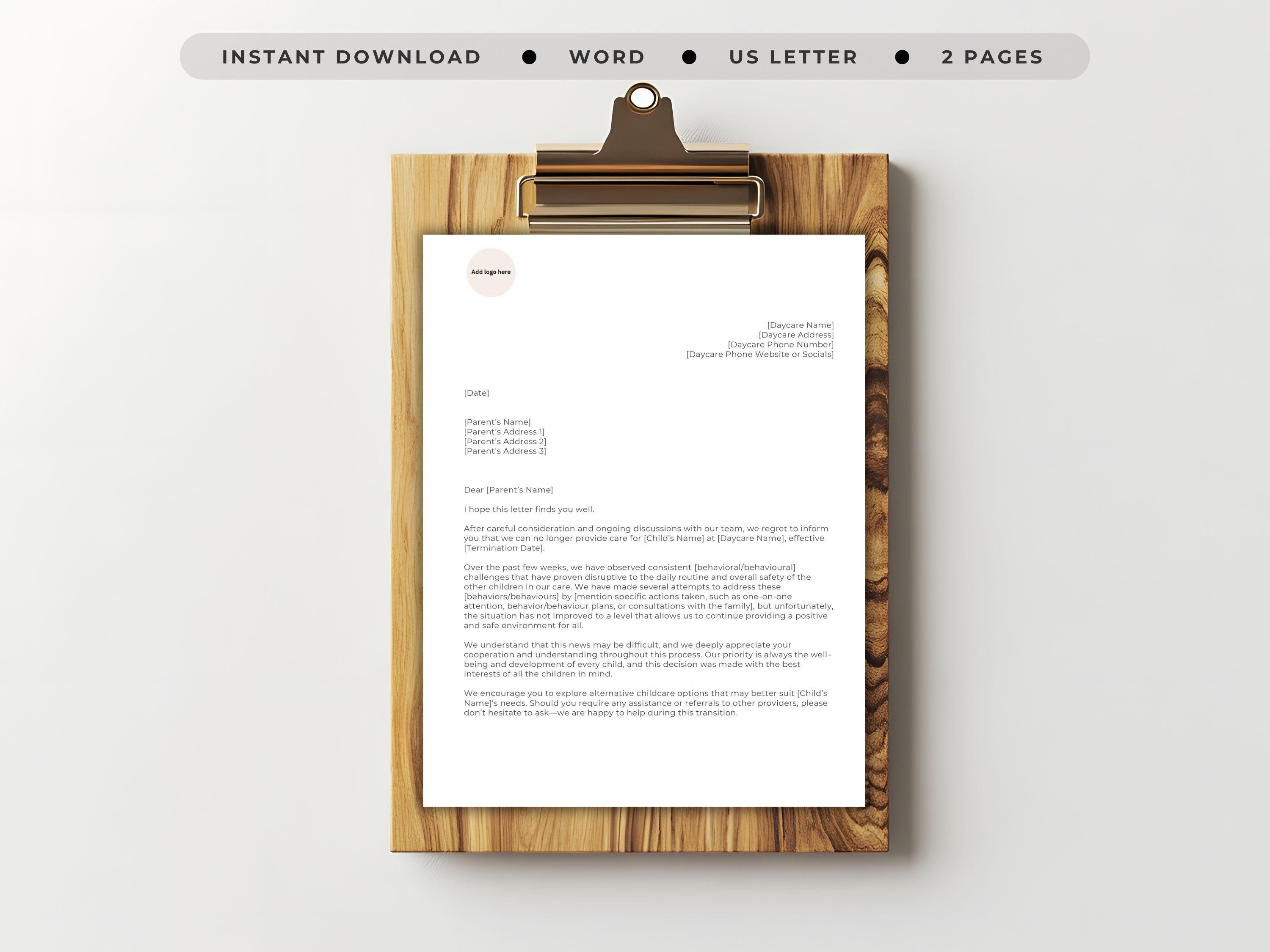 Daycare Termination Letter Sample Template Child Conduct Cancellation ...