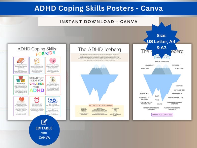 ADHD Coping Skills Poster With ADHD Iceberg Poster Strategies to Cope ...