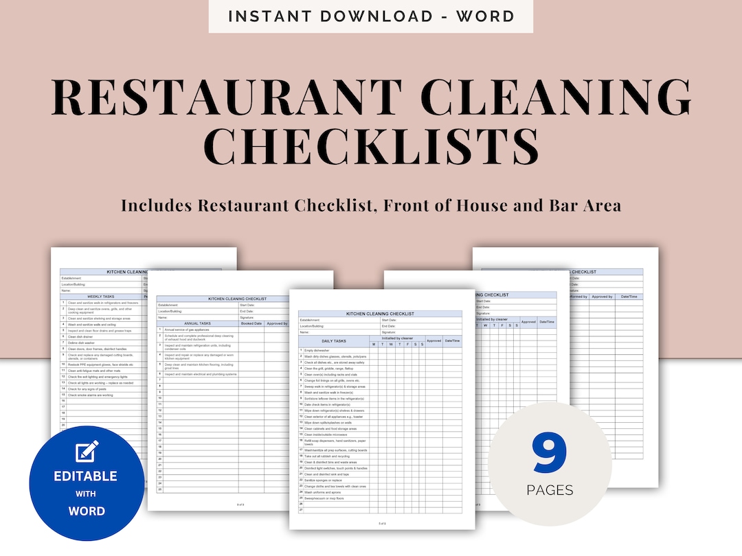 Editable Restaurant Cleaning Checklist: Front of House, Bar, Kitchen ...