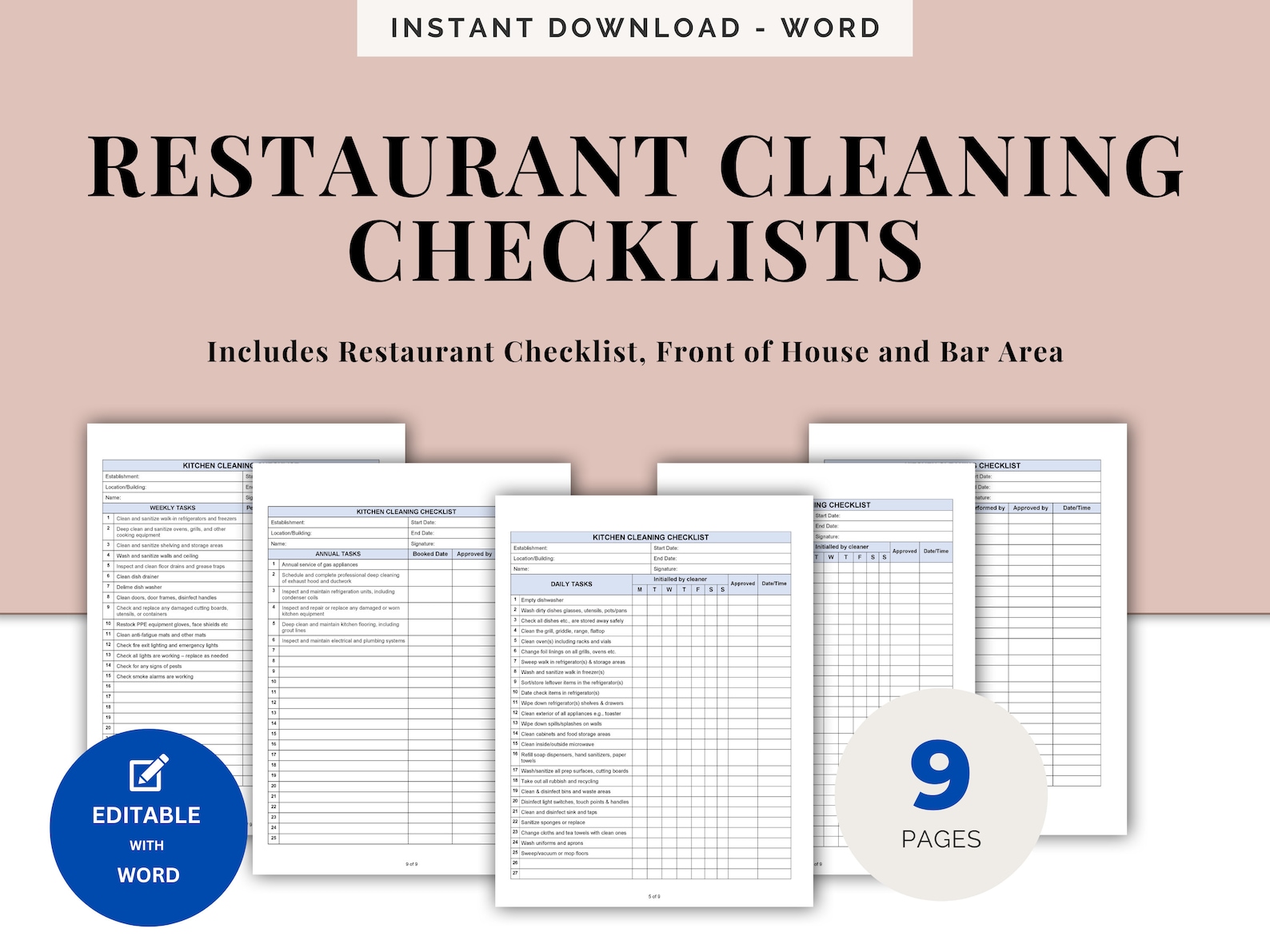 Editable Restaurant Cleaning Checklist: Front of House, Bar, Kitchen ...