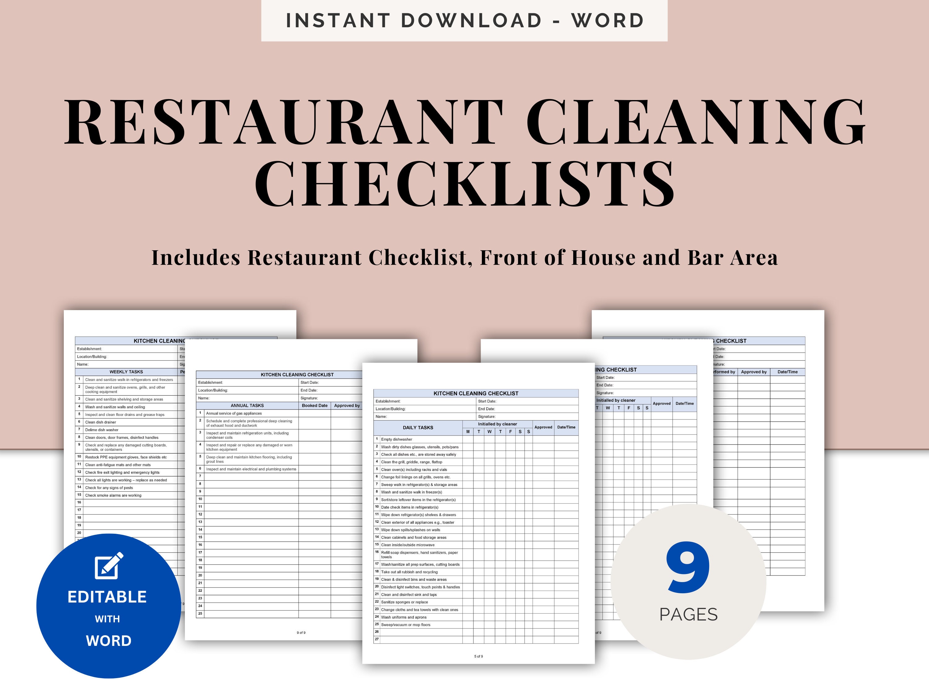 Editable Restaurant Cleaning Checklist: Front of House, Bar, Kitchen ...