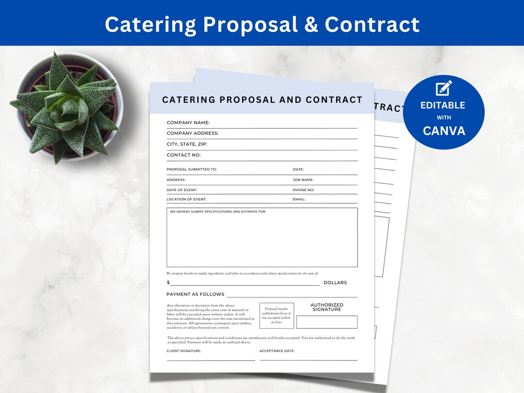 Catering Agreement and Proposal: One Page Contract (canva Template) - Etsy