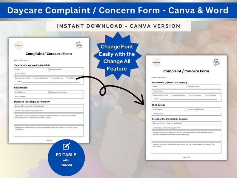 Daycare Complaint Form Printable Parent Concern Report Template ...