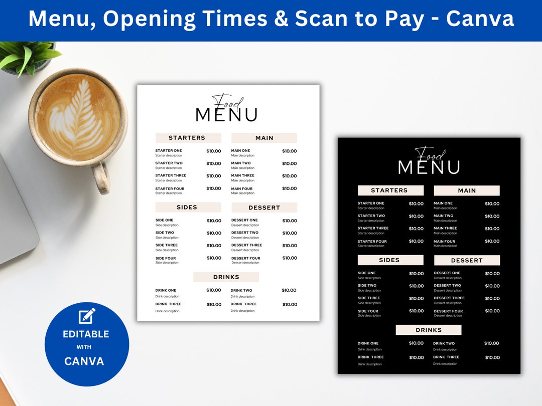 Menu Template Restaurant Black and White Cafe Template Editable Simple ...