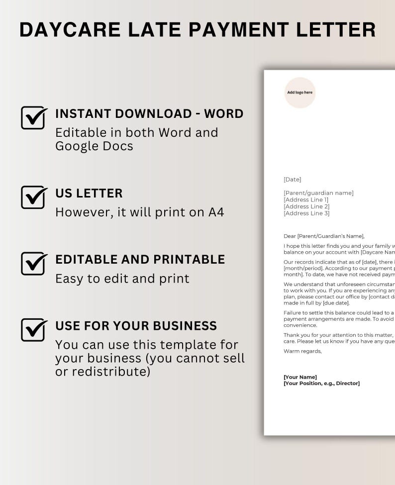Daycare Late Payment Letter to Parent Past Due Balance Notice Reminder ...