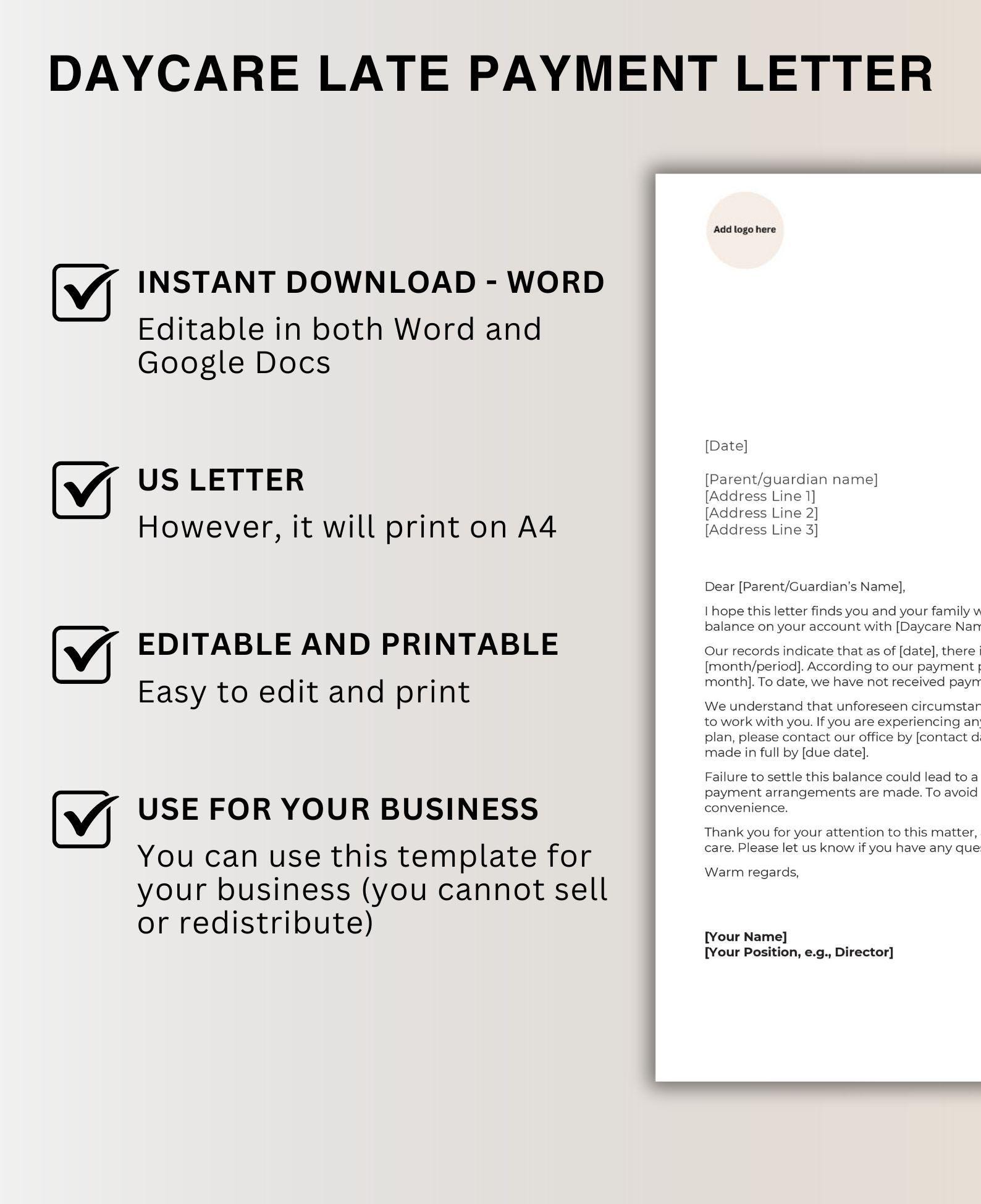 Daycare Late Payment Letter to Parent Past Due Balance Notice Reminder ...