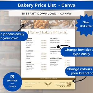 Bakery Price List Menu Bread Selection Easy to Customize Canva Template ...