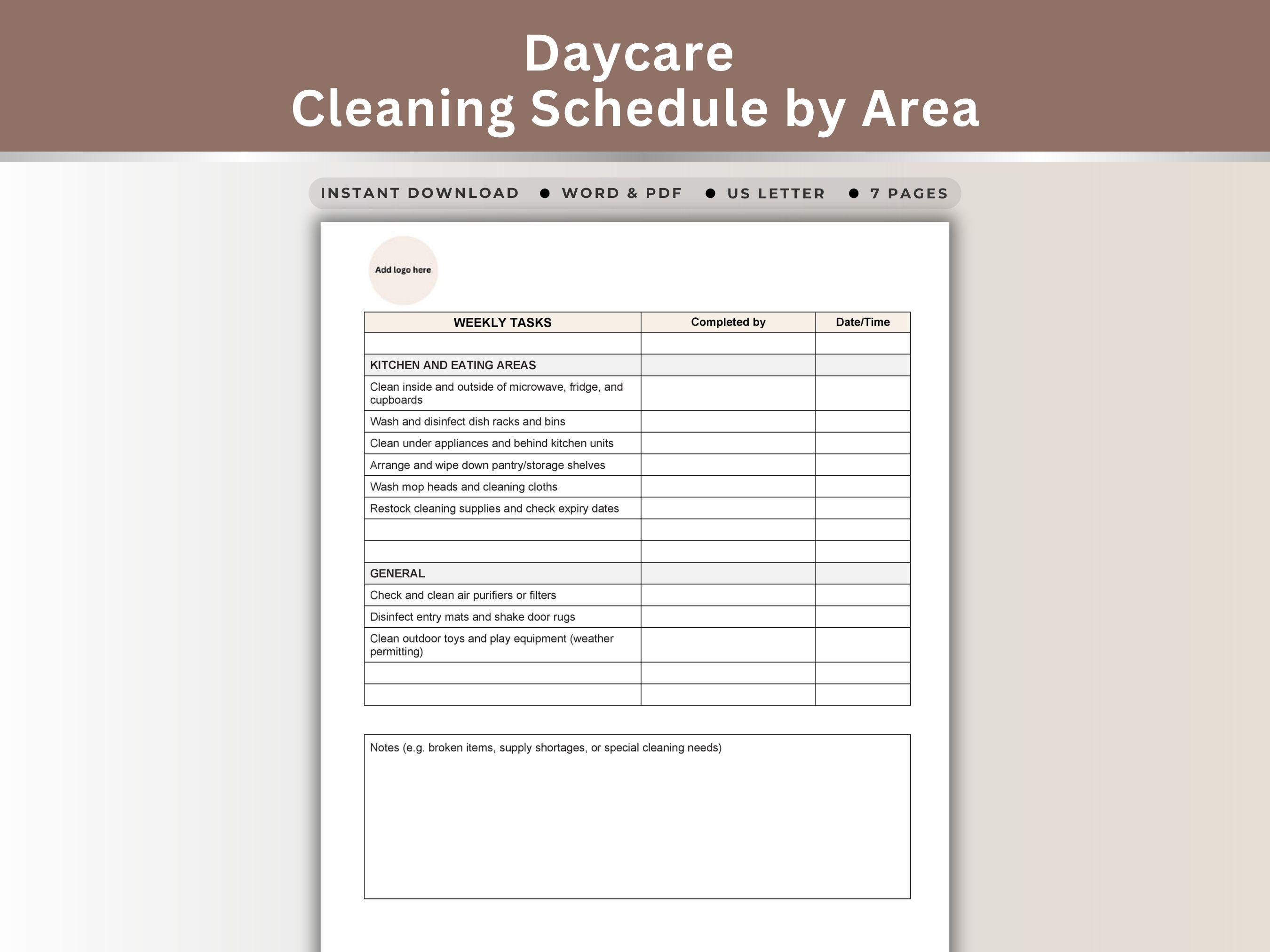 Daycare Cleaning List Template Printable Daily Childcare Clean Schedule ...