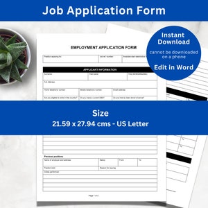 Printable Job Application Form: US Letter, Editable Word & PDF - Etsy