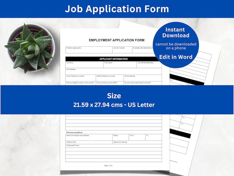 Printable Job Application Form: US Letter, Editable Word & PDF - Etsy
