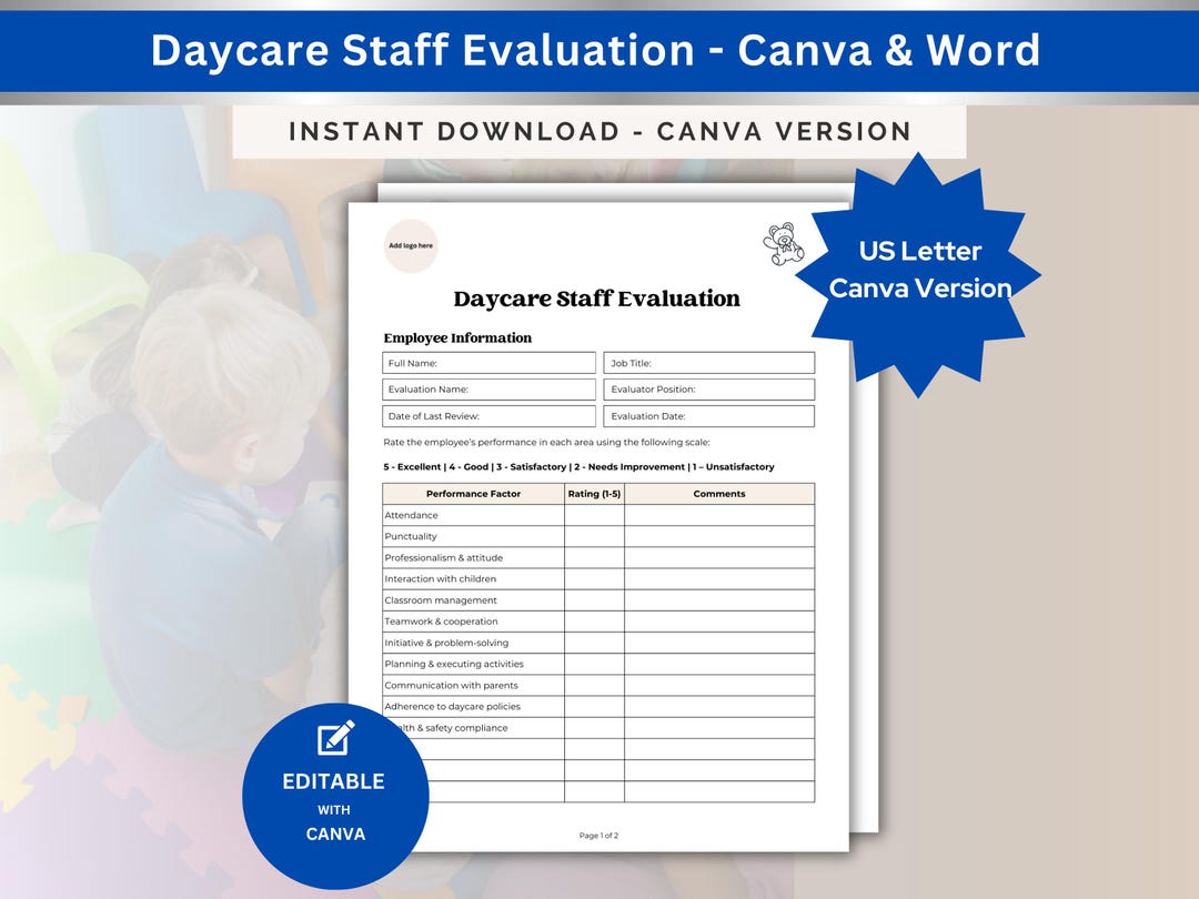 Daycare Staff Evaluation Form: Printable Employee Review (word, PDF ...