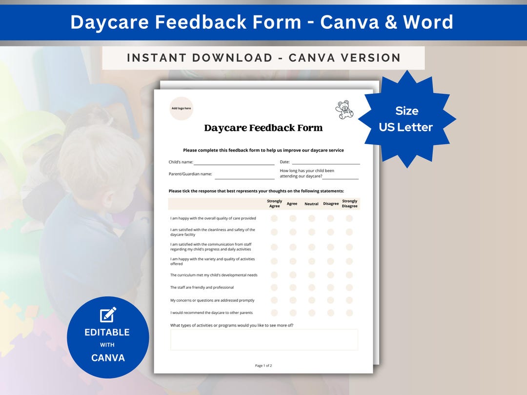 Daycare Feedback Form to Evaluate Childcare Provider Parent Survey ...