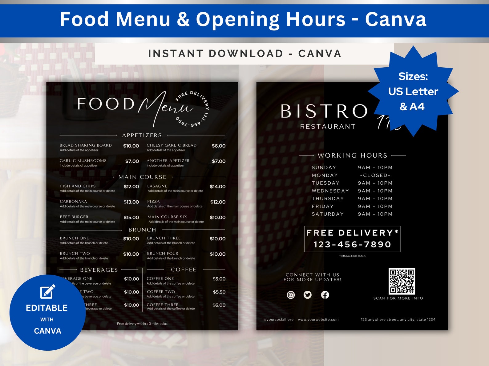 Simple Restaurant Food Menu Template Tan and Black and White Bistro ...