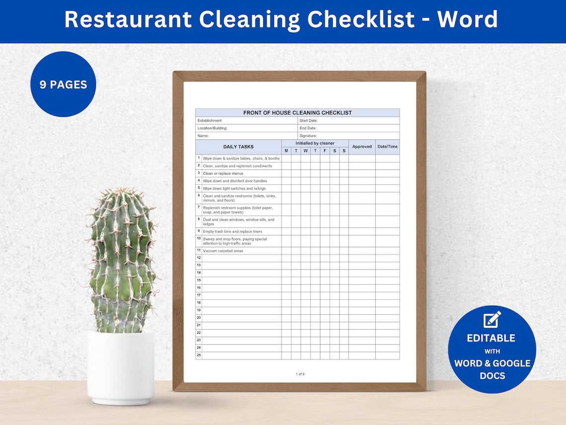Editable Restaurant Cleaning Checklist: Front of House, Bar, Kitchen ...