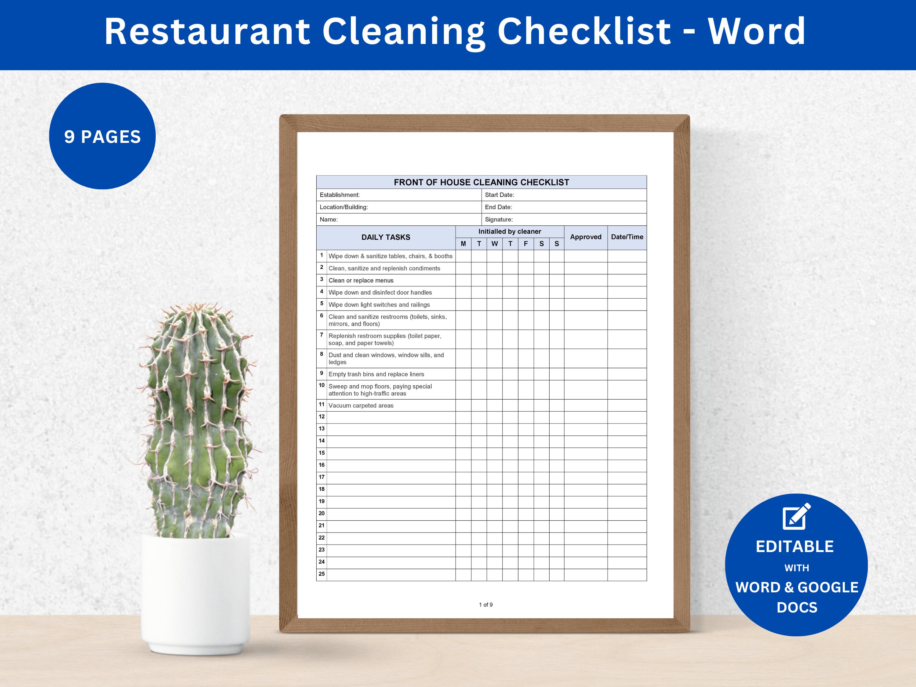 Editable Daily Restaurant Cleaning Checklist, Front of House Cleaning ...