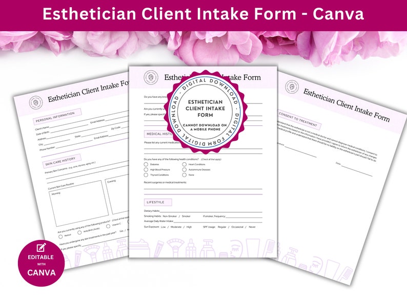 Esthetician Client Intake Form PDF for Beauty Salon Digital Beauty ...