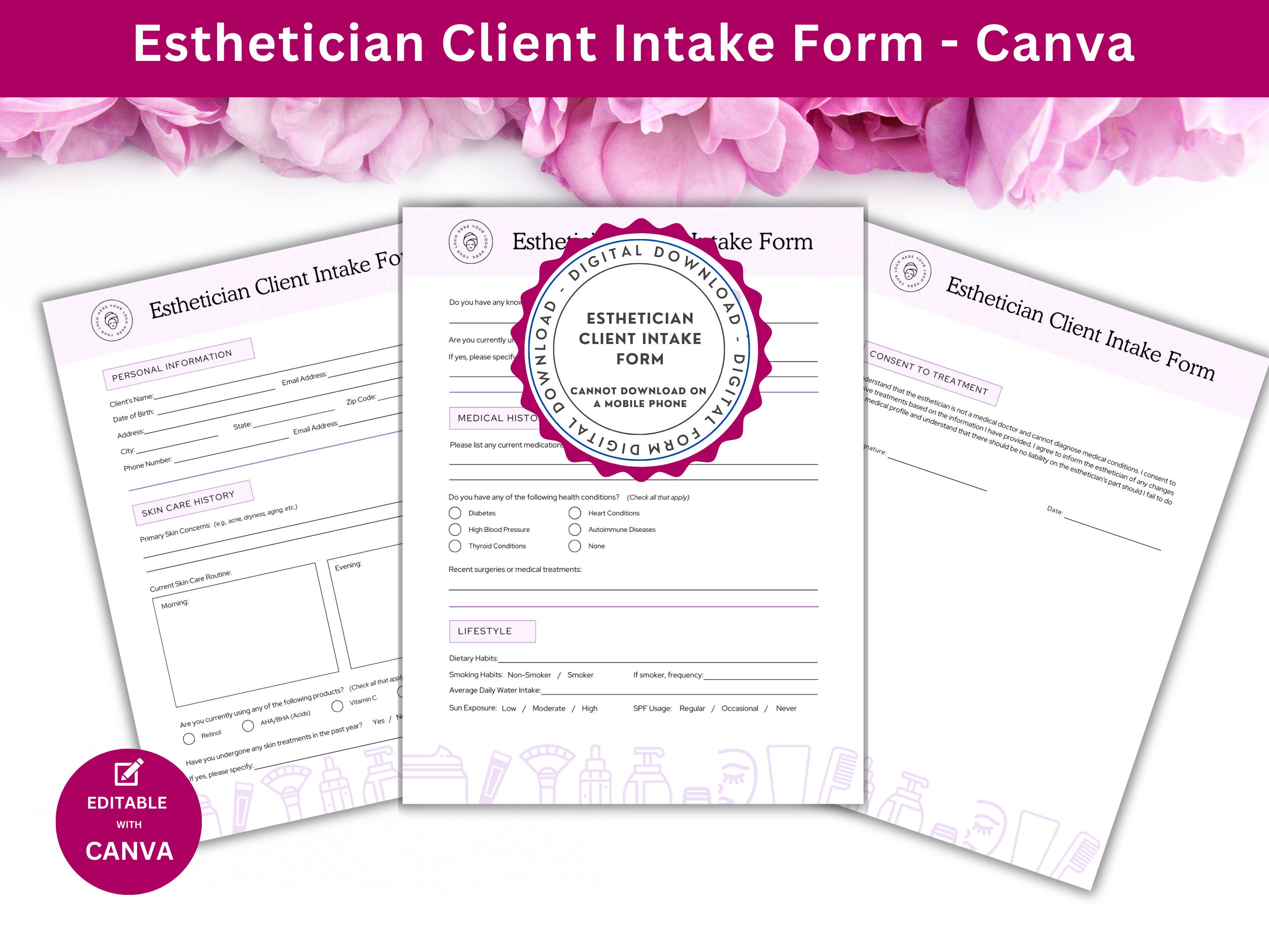 Esthetician Client Intake Form PDF for Beauty Salon Digital Beauty ...