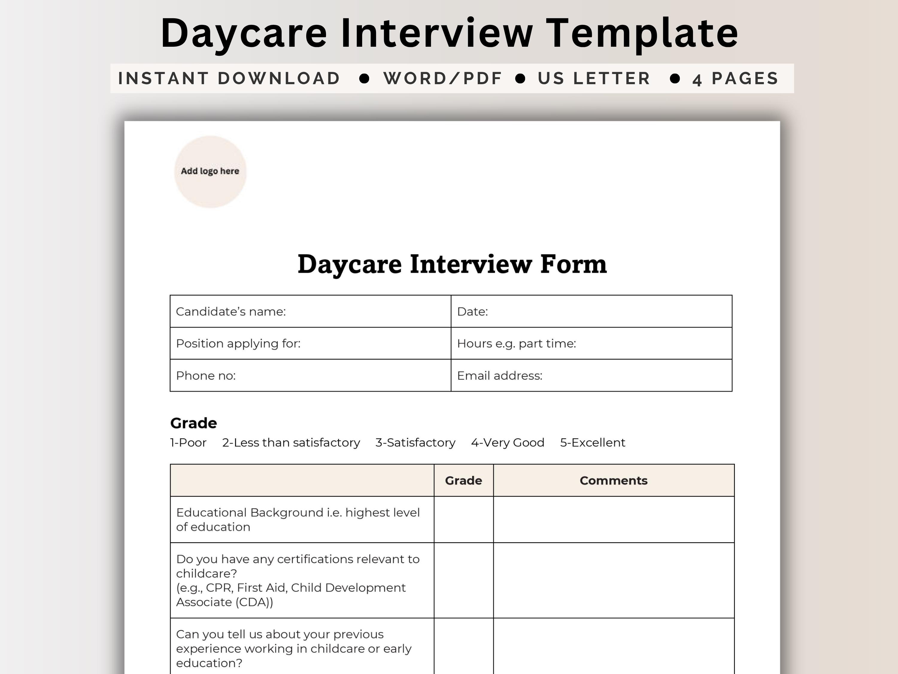 Childcare Hiring Questions for Daycare Interview Form With Example ...