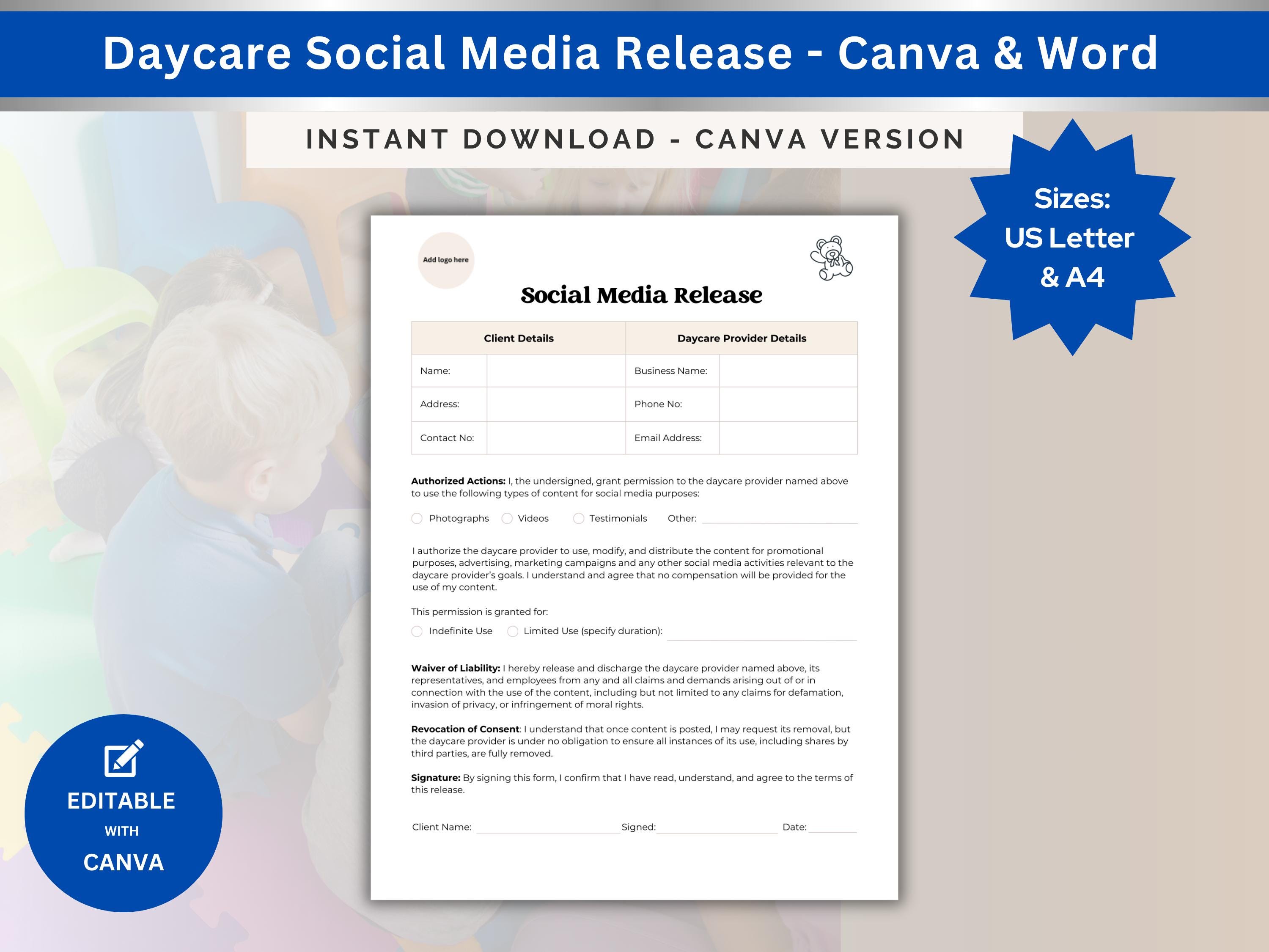Daycare Social Media Release Form: Parental Consent (canva & Word) - Etsy