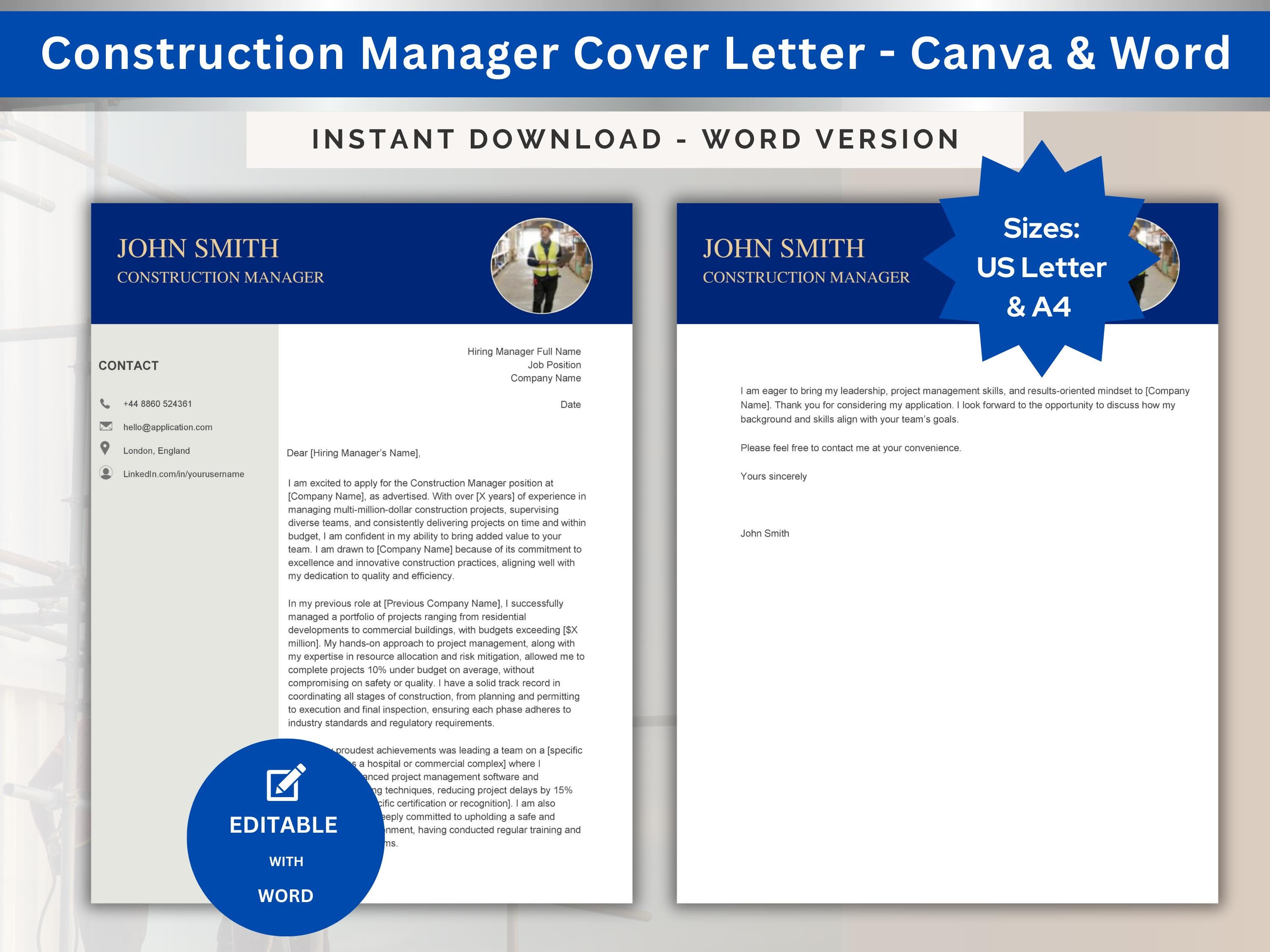 Construction Manager Cover Letter Template: Editable Word & Canva - Etsy