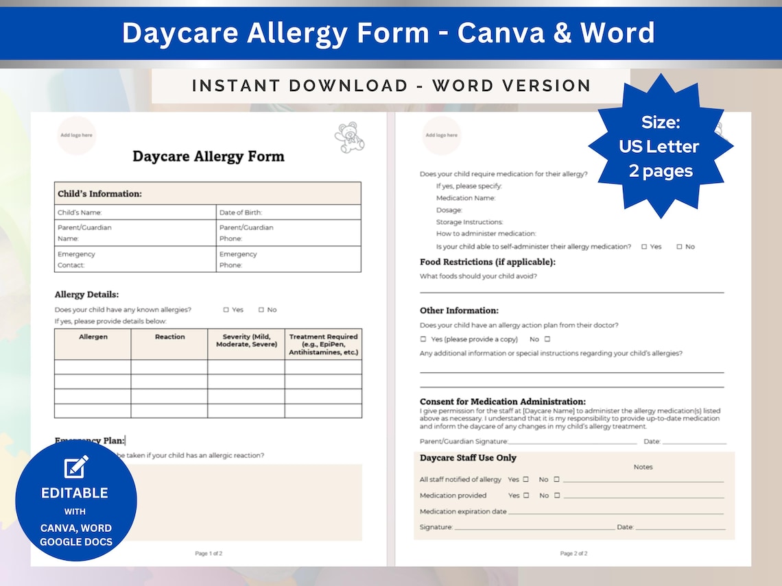 Daycare Allergy Form, Childcare Allergy Action Plan Consent Form ...
