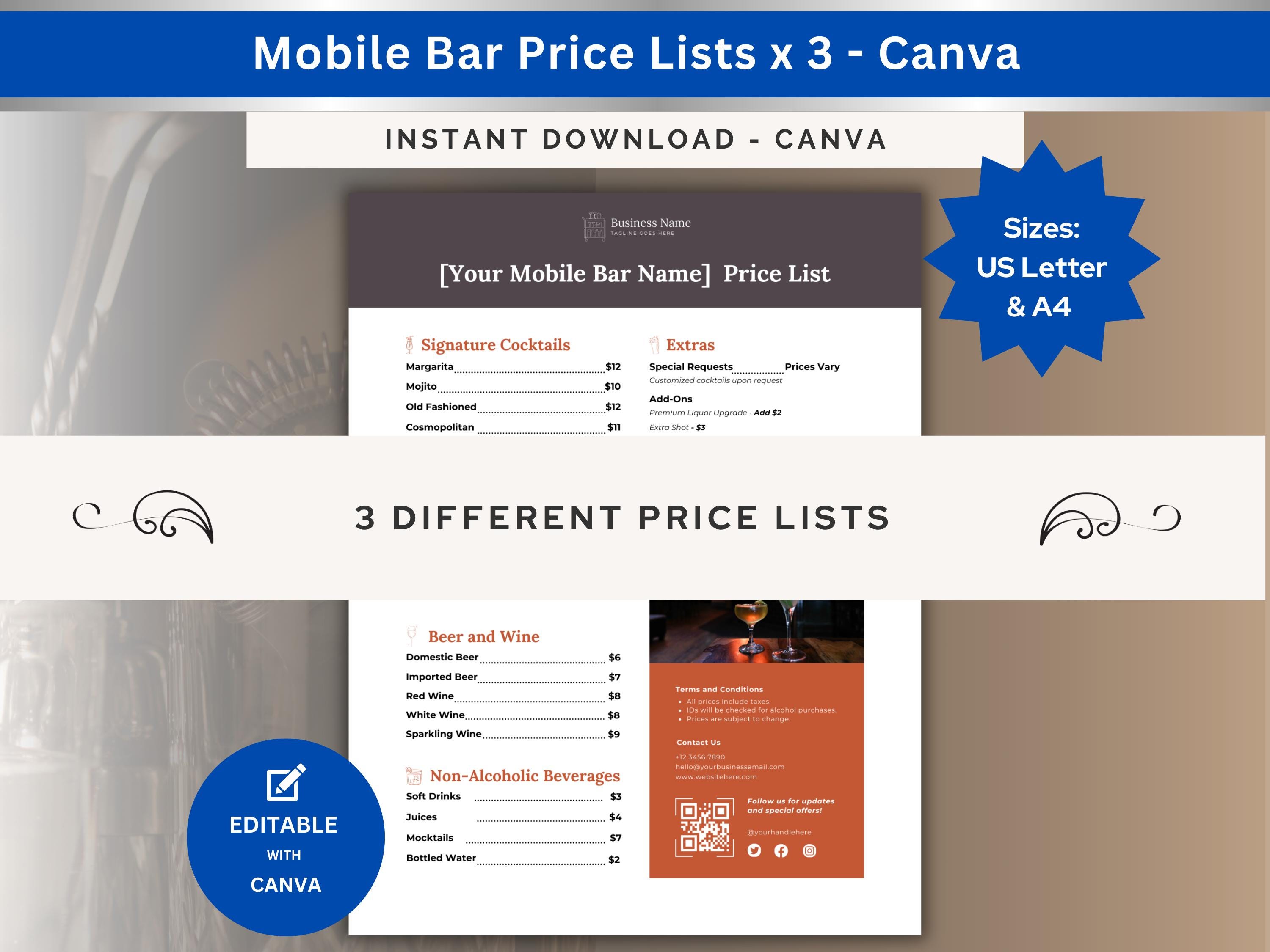 Mobile Bar Price List Template: Customizable Event Pricing (canva) - Etsy