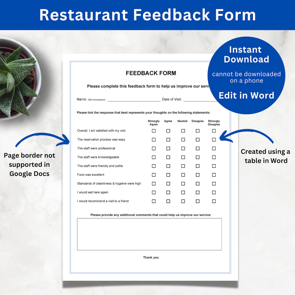 Restaurant Customer Feedback Form: Editable Survey (PDF, Word) - Etsy