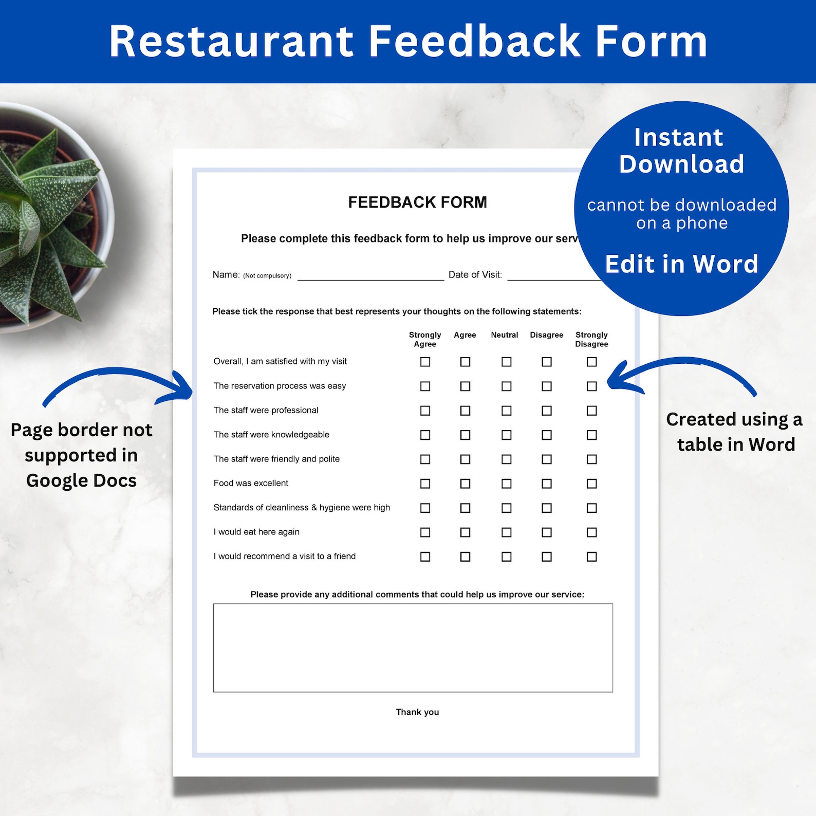 Restaurant Customer Feedback Form: Editable Survey (PDF, Word) - Etsy