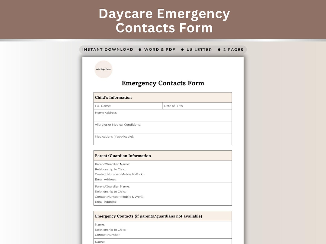 Daycare Emergency Contact Form Printable Childcare Information Sheet ...