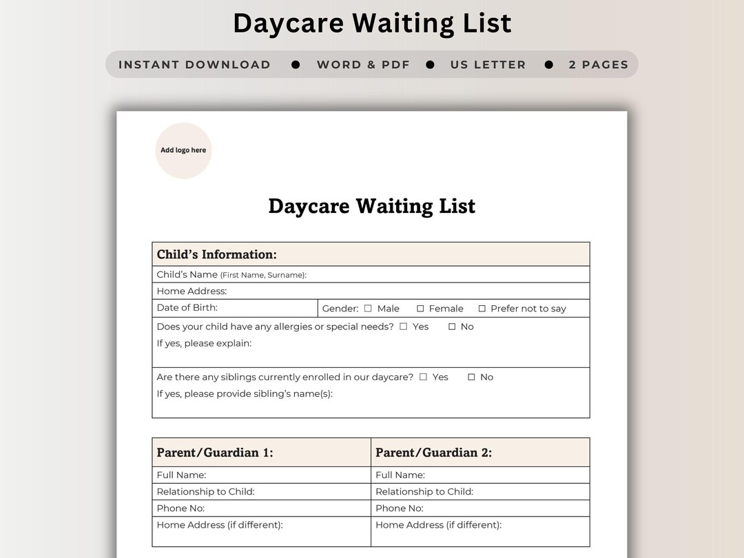 Childcare Provider Waiting List Application Form Preschool Enrolment ...