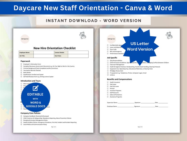 Daycare Staff Orientation Checklist for Onboarding New Staff Preschool ...