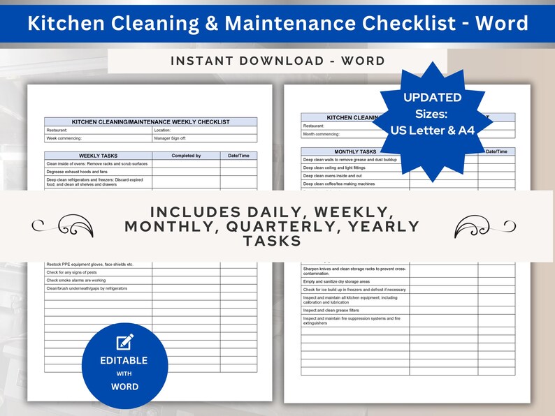 Restaurant Kitchen Cleaning Checklist: Daily, Weekly, Monthly (editable ...