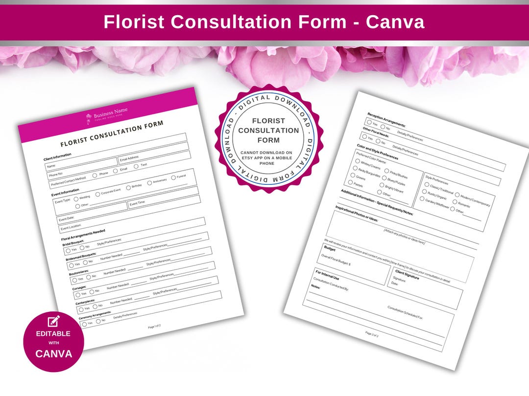 Printable Florist Consultation Form PDF Canva Flower Arrangement Design ...