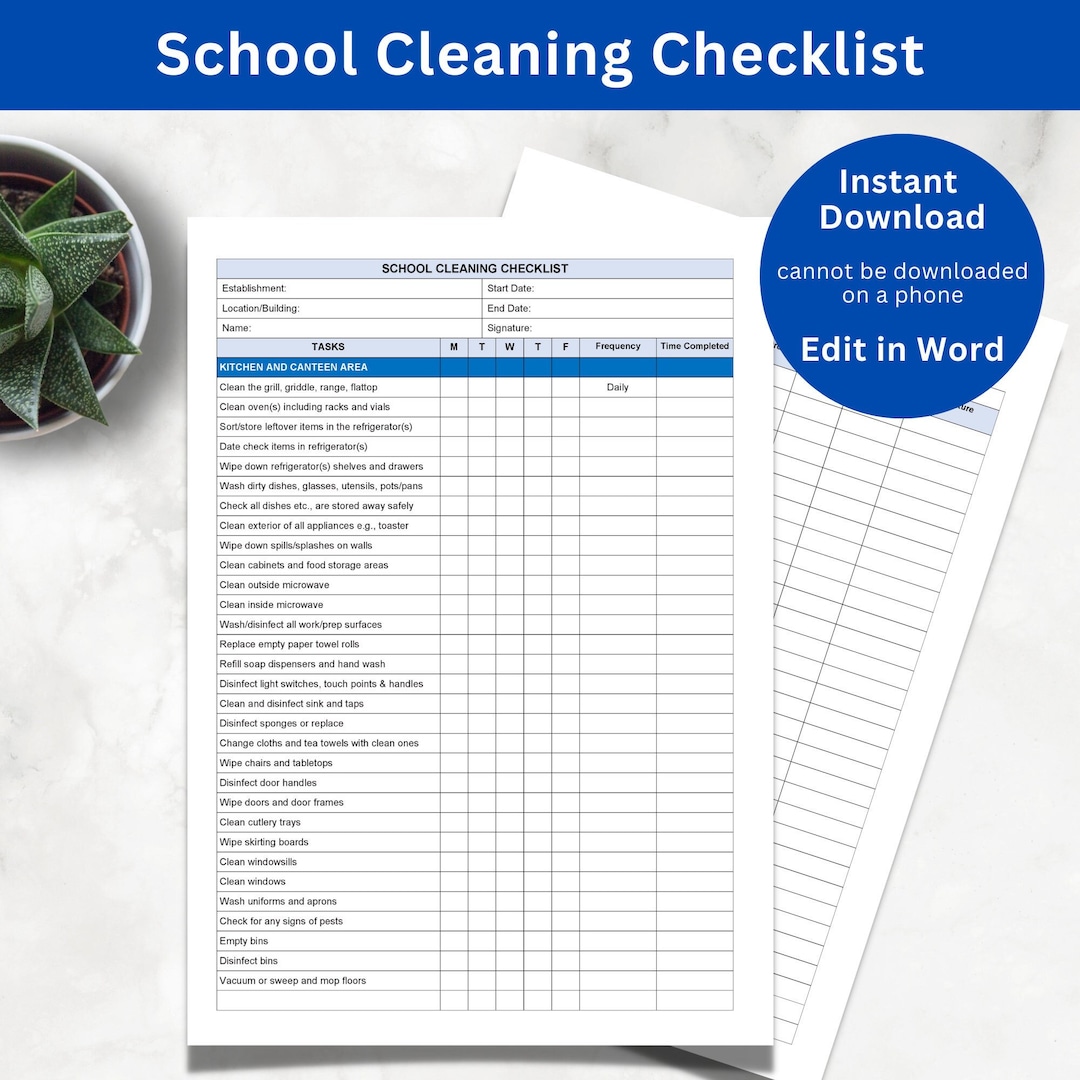 School Cleaning Checklist: Kitchen, Classroom, Staff (word, US Letter ...