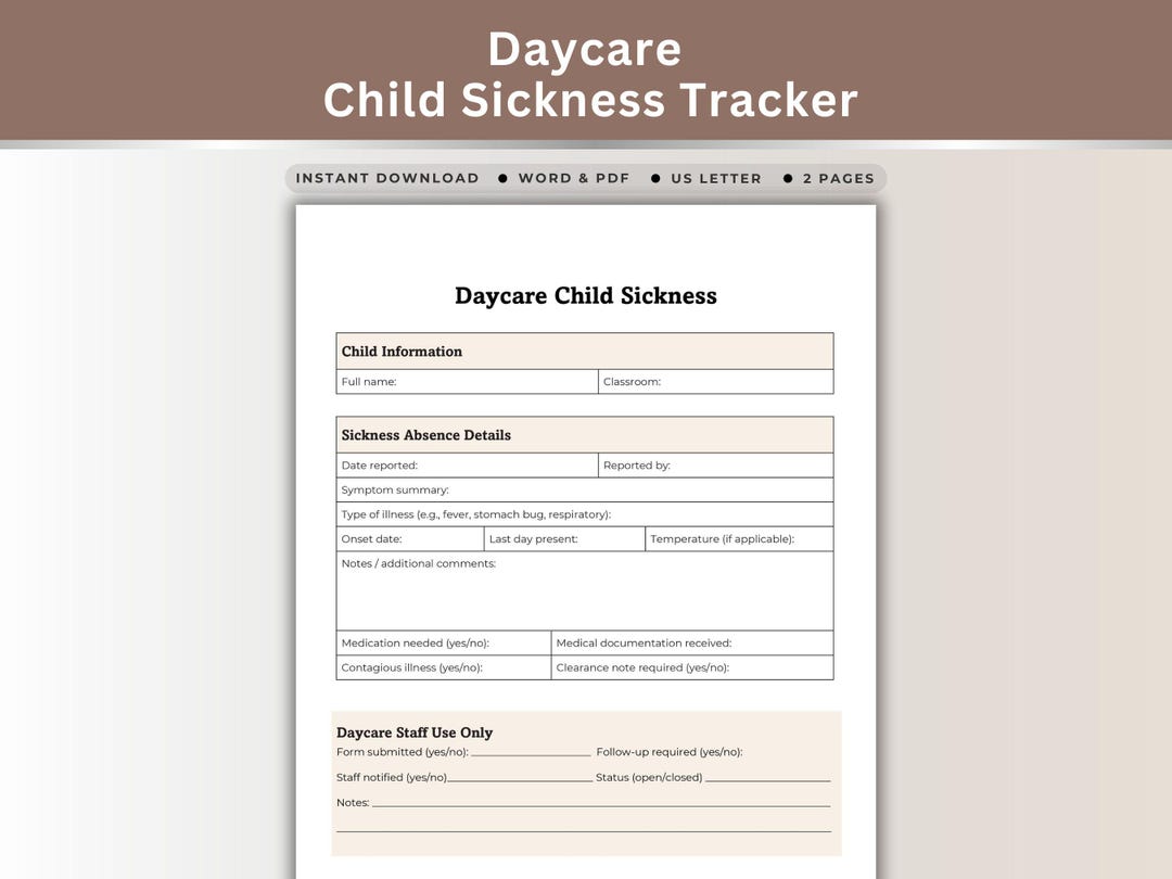 Childcare Sickness Tracker Form Printable Daycare Illness Report ...