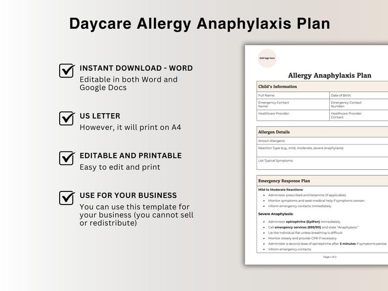 Daycare Allergy Anaphylaxis Emergency Action Plan Childcare Food ...