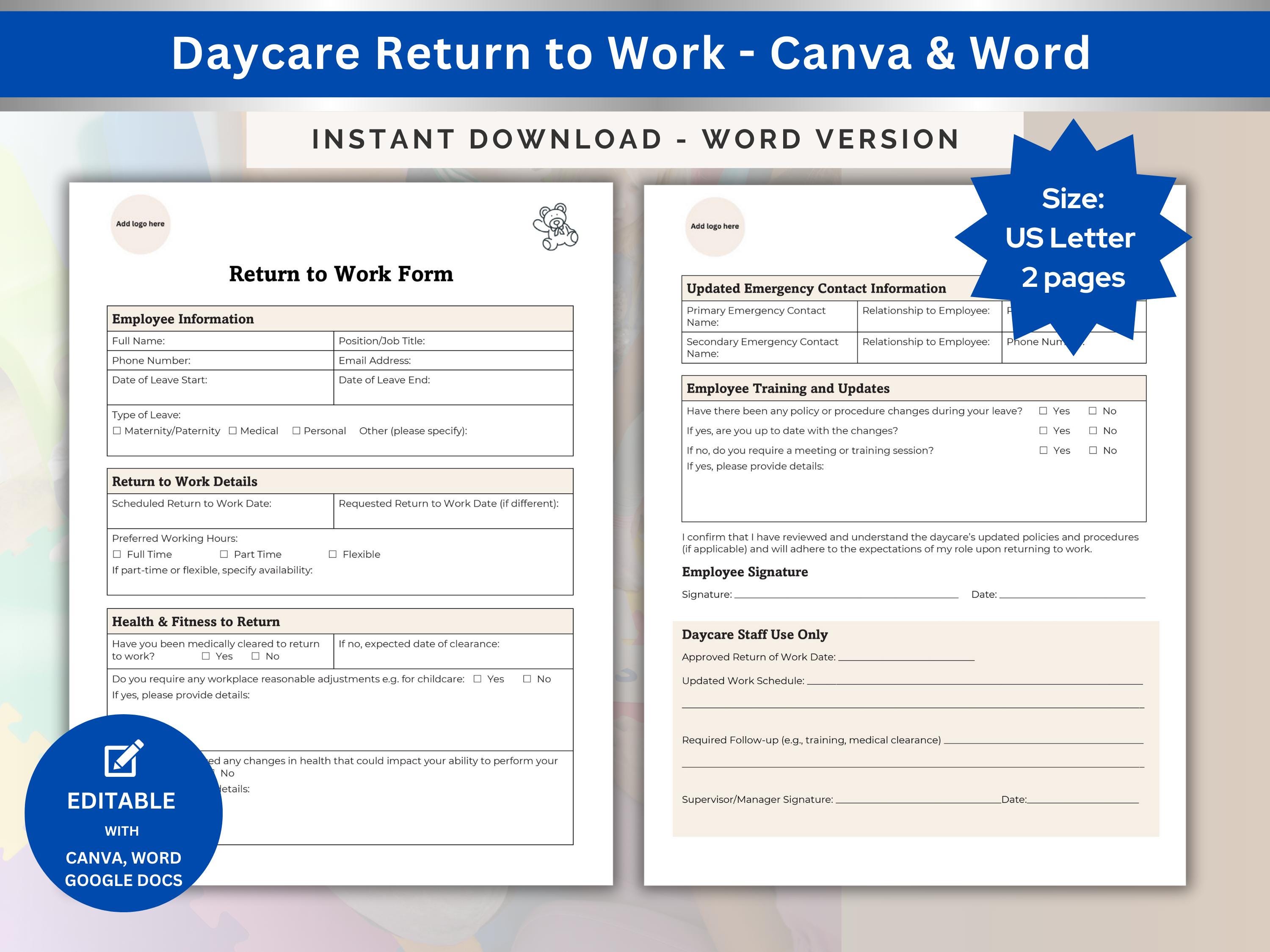 Daycare Return to Work Form for Return to Work Interview Printable ...