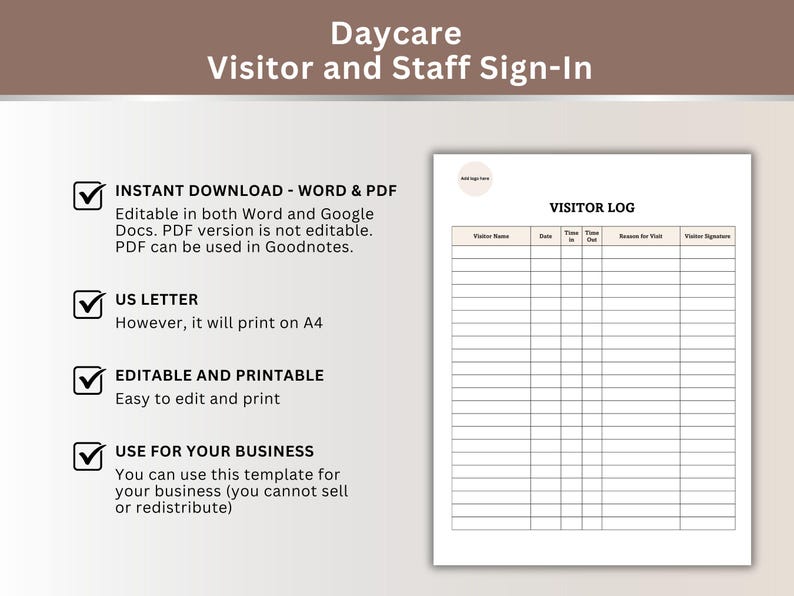 Daycare Visitor Sign in Sheet Template Staff Check-in Printable Form ...