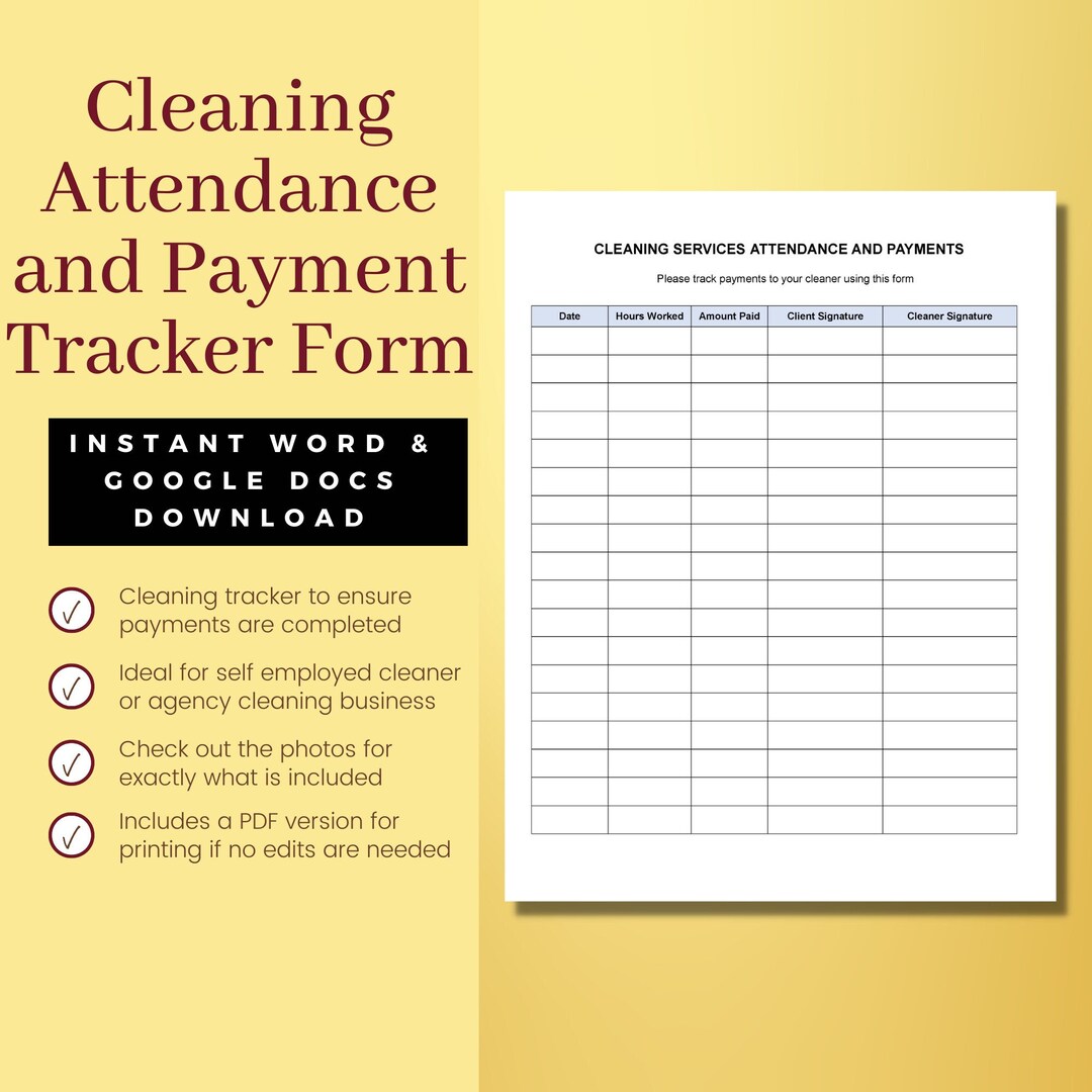 Cleaner Attendance and Payment Tracker Template Cleaning - Etsy