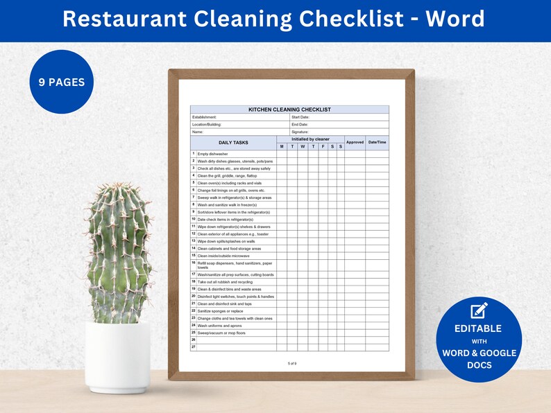 Editable Daily Restaurant Cleaning Checklist, Front of House Cleaning ...