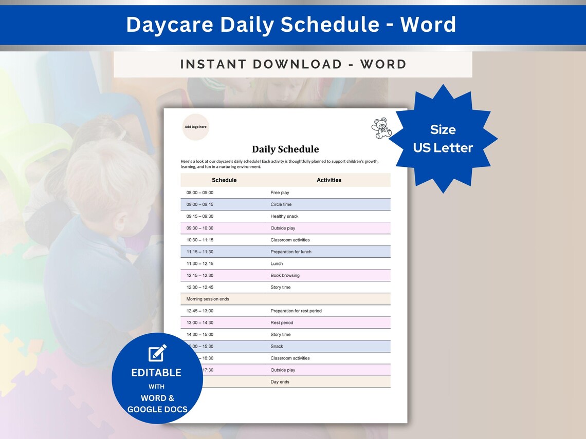 Preschool Daily Schedule for Infant Care Routine Chart Childcare Daily ...