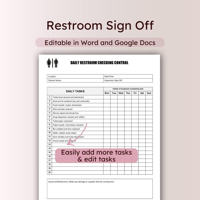 Printable Toilet Cleaning Sign off Sheet Bathroom Cleaning Monitoring ...