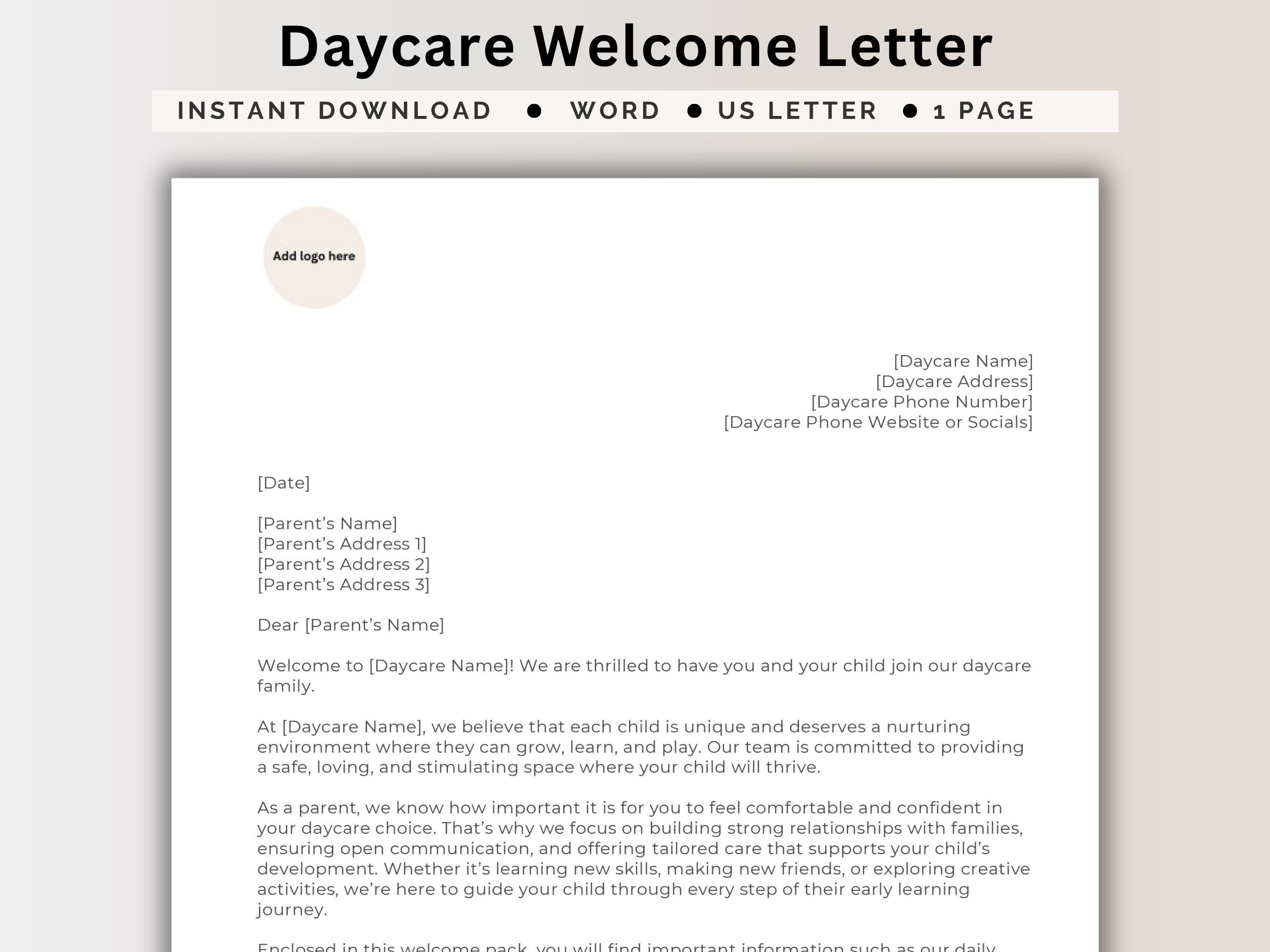 Welcome Letter Template for Daycare Introduction Letter to Parent ...