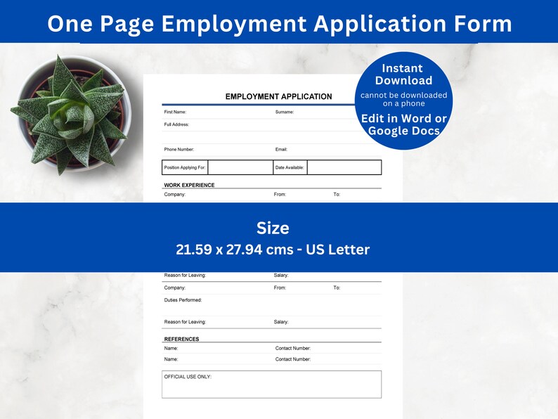 One Page Employment Application Form (PDF & Word) - Etsy