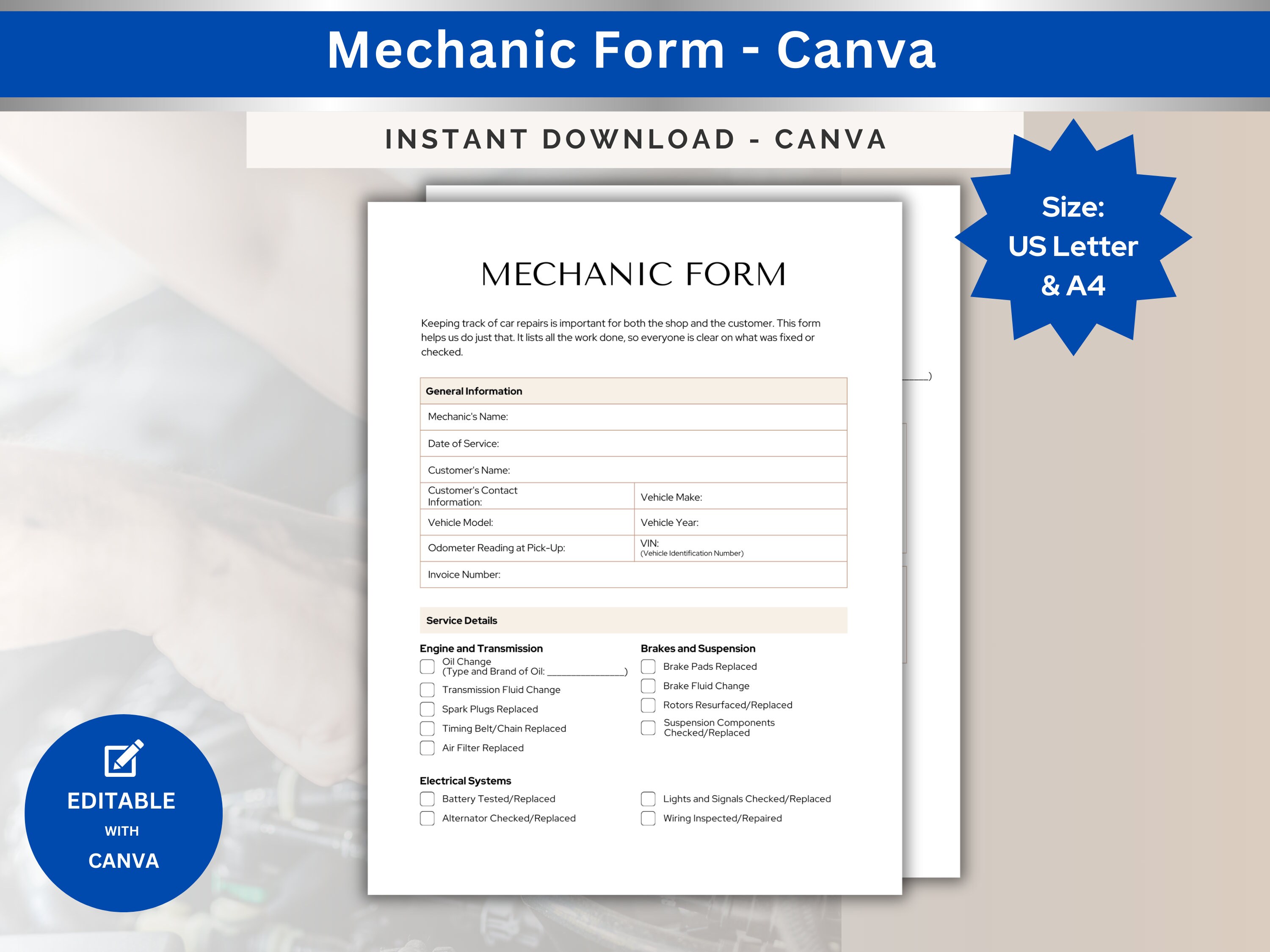 Mechanic Form Template: Automotive Repair Log, Vehicle Maintenance (PDF ...