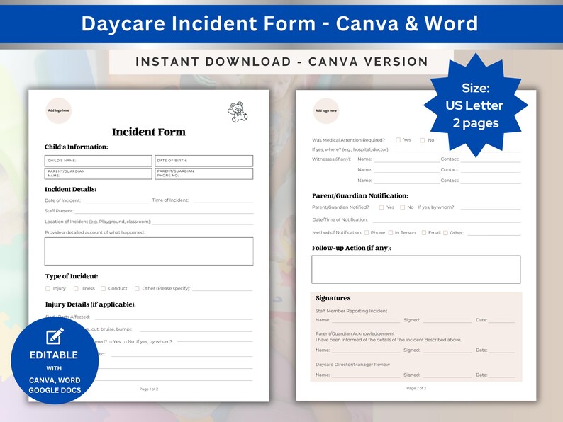 Daycare Incident Report to Log Childcare Injury, Behavior Issues ...