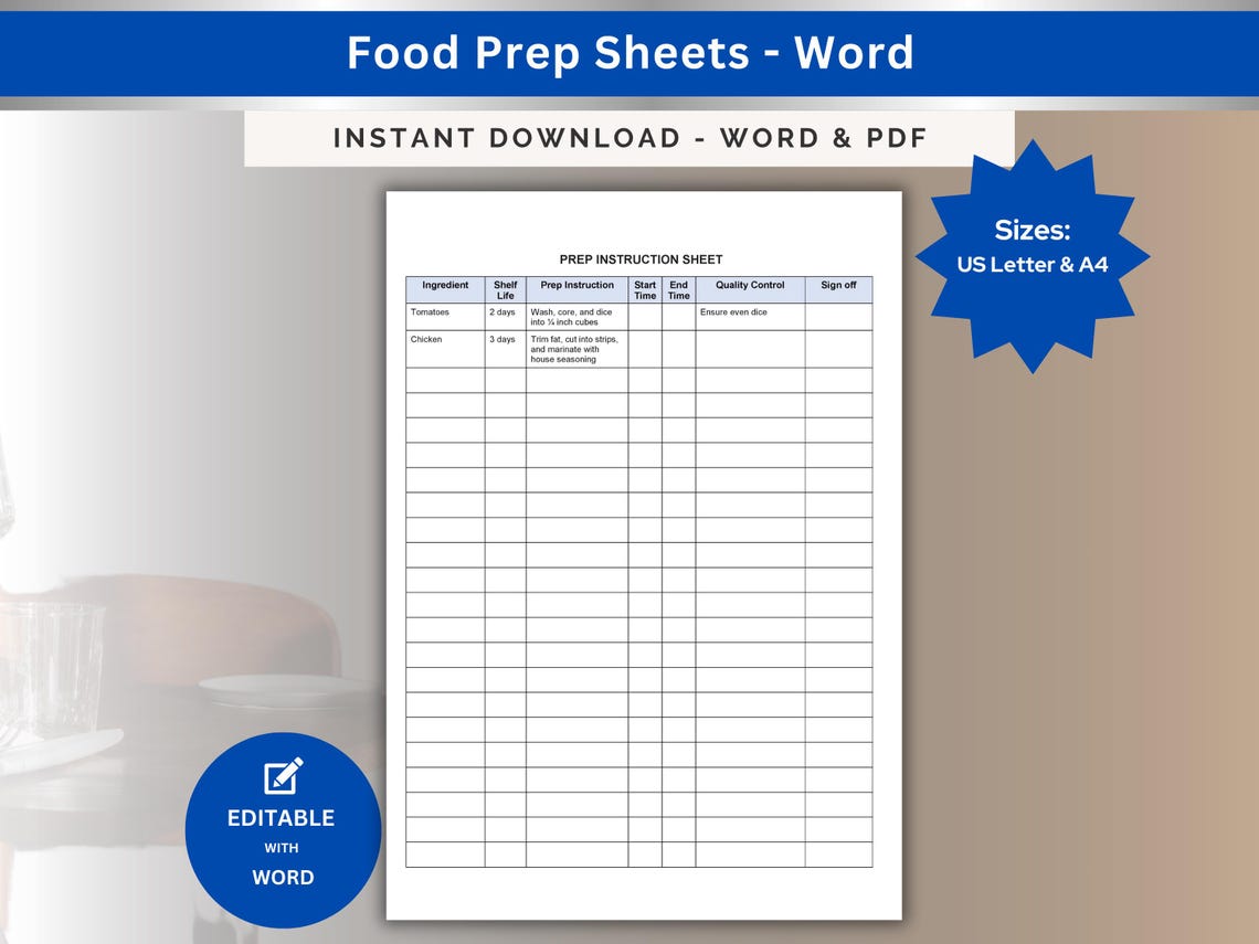 Restaurant Food Prep Sheet: Ingredient Log, Stock Control (word, PDF ...