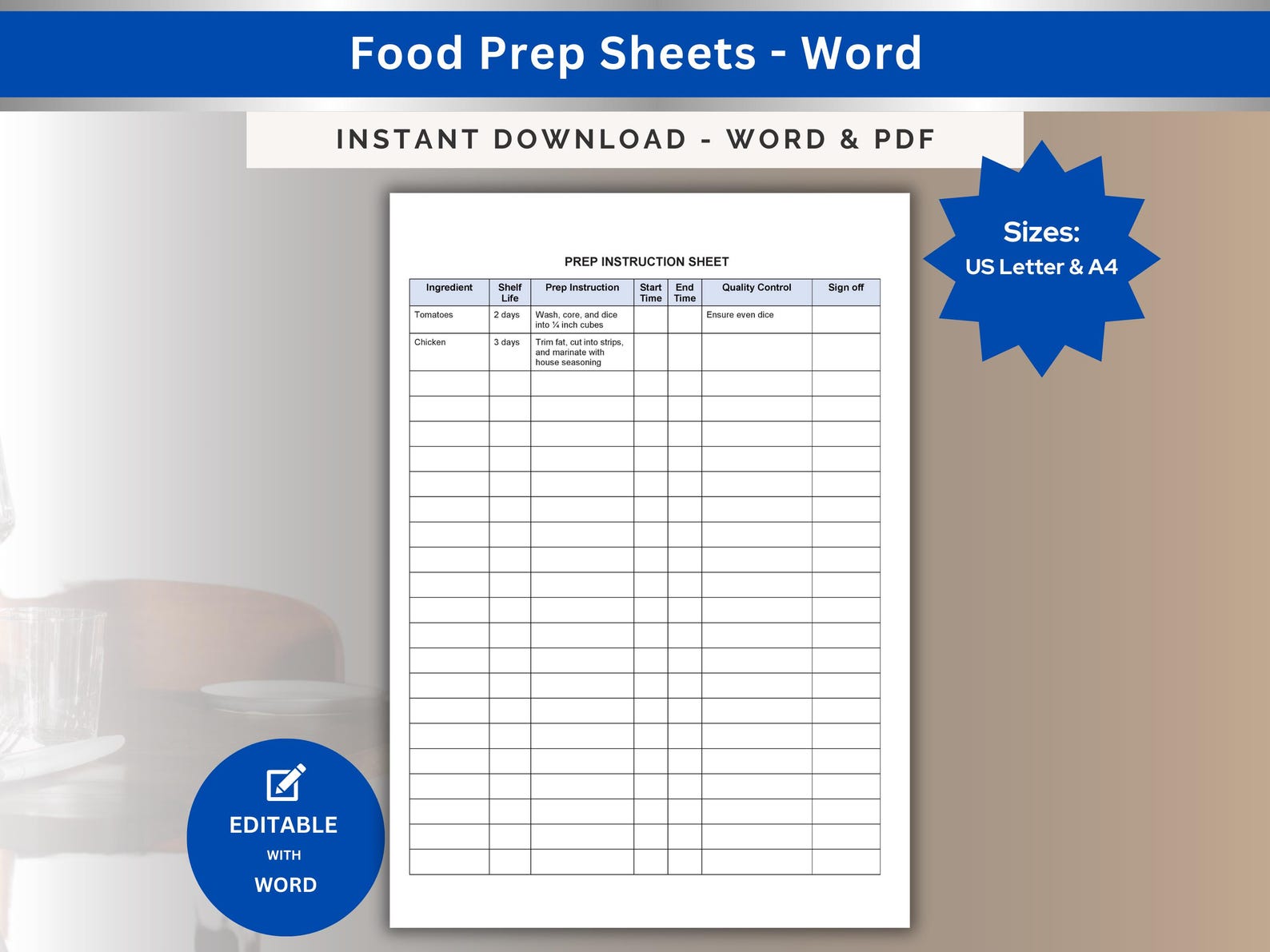 Restaurant Food Prep Sheet: Ingredient Log, Stock Control (word, PDF ...