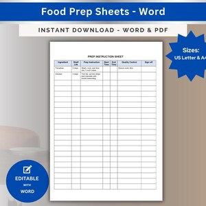 Restaurant Food Prep Sheet: Ingredient Log, Stock Control (word, PDF ...